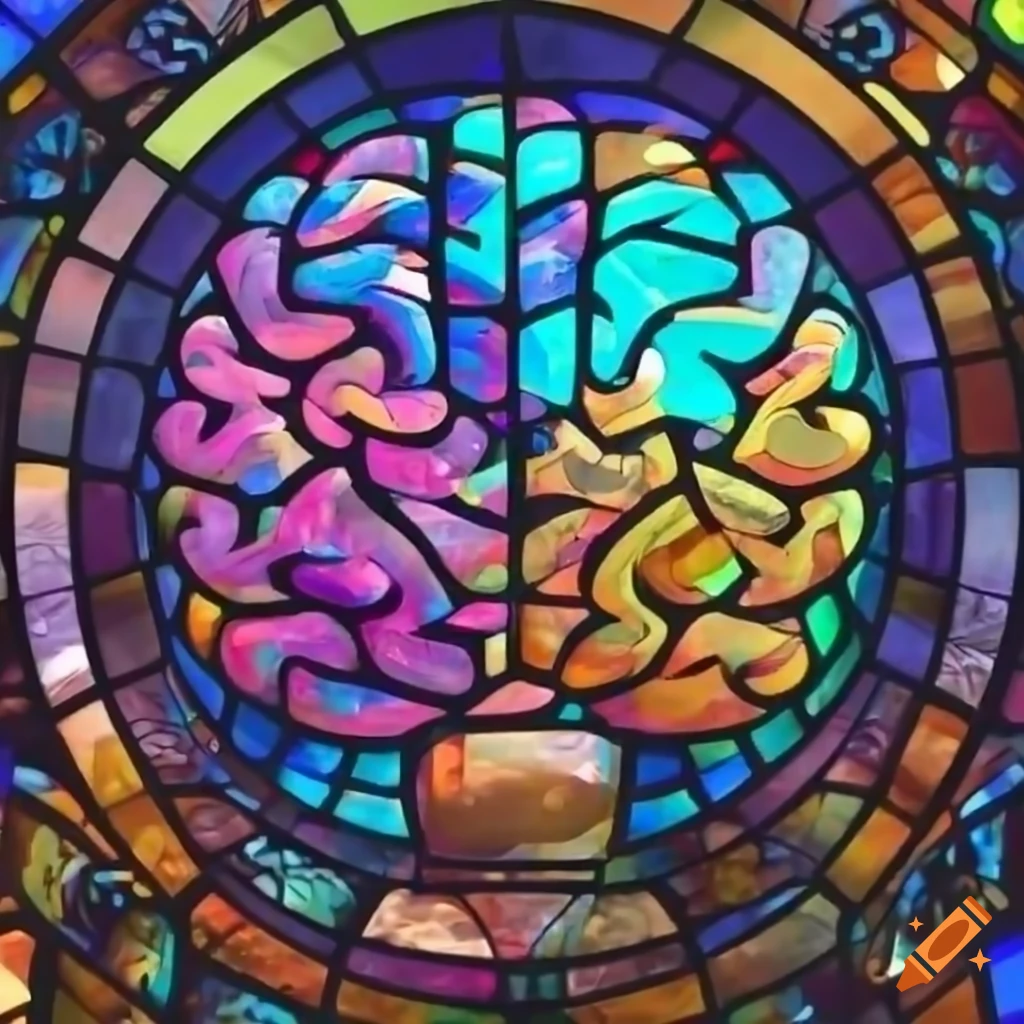 Stained glass cartoon brain artwork on Craiyon