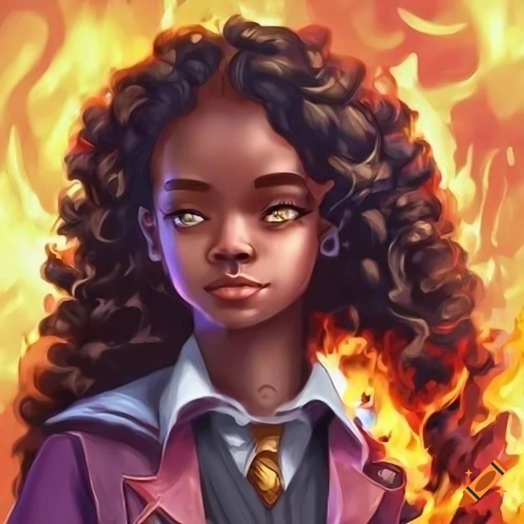 Digital art of a black schoolgirl as a fire mage on Craiyon