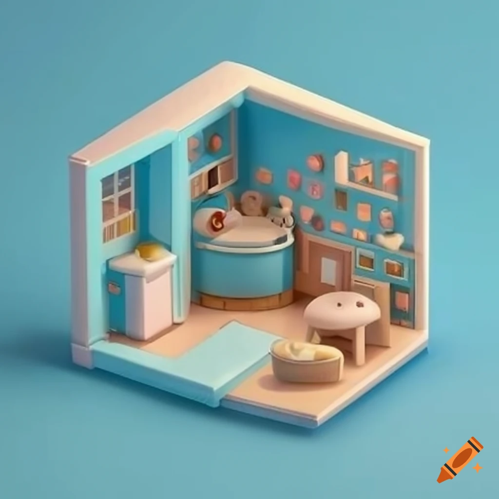 Isometric view of a cozy milk blue cube room with kitchen and stairs