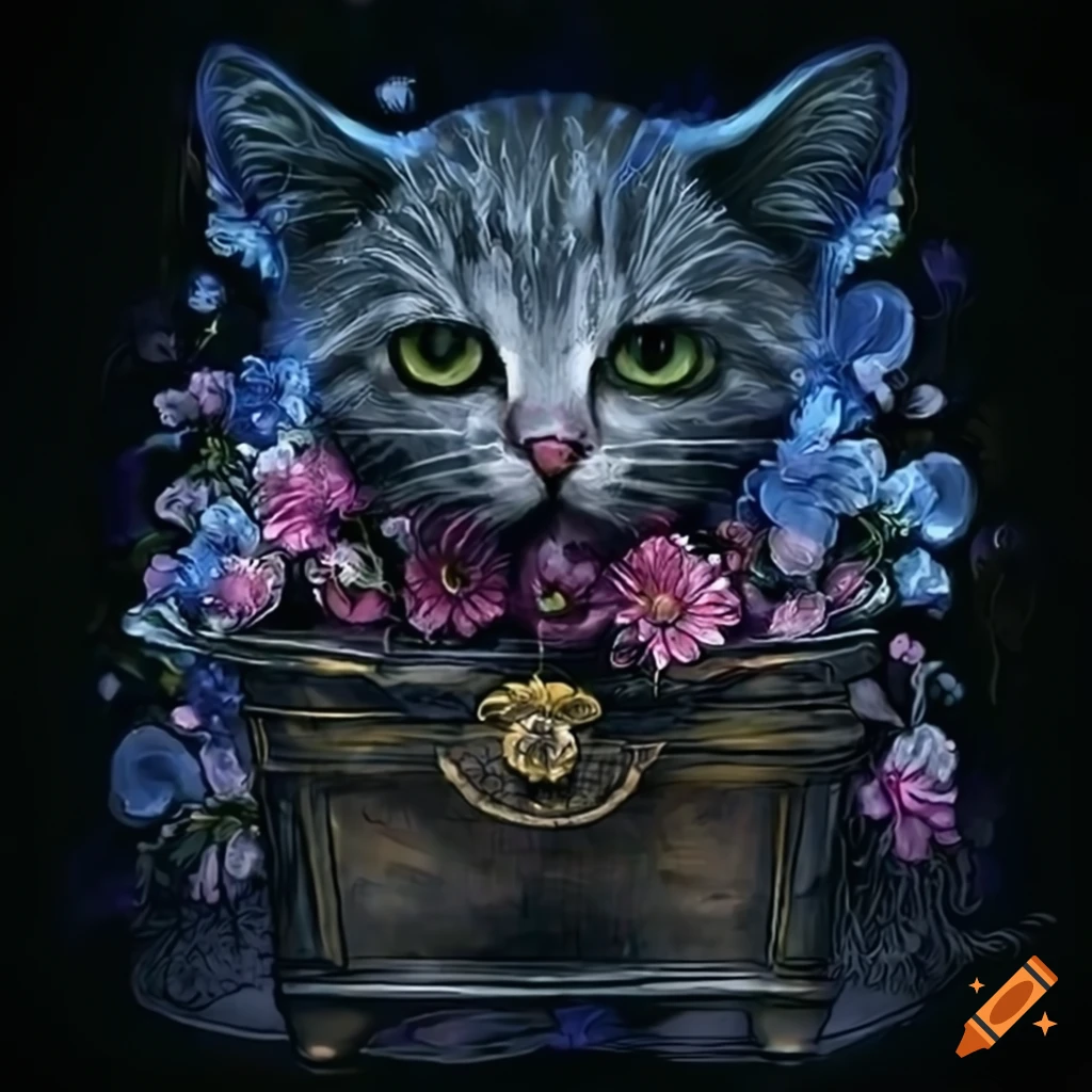 Floral gothic cats and treasure chest in high definition drawing on Craiyon