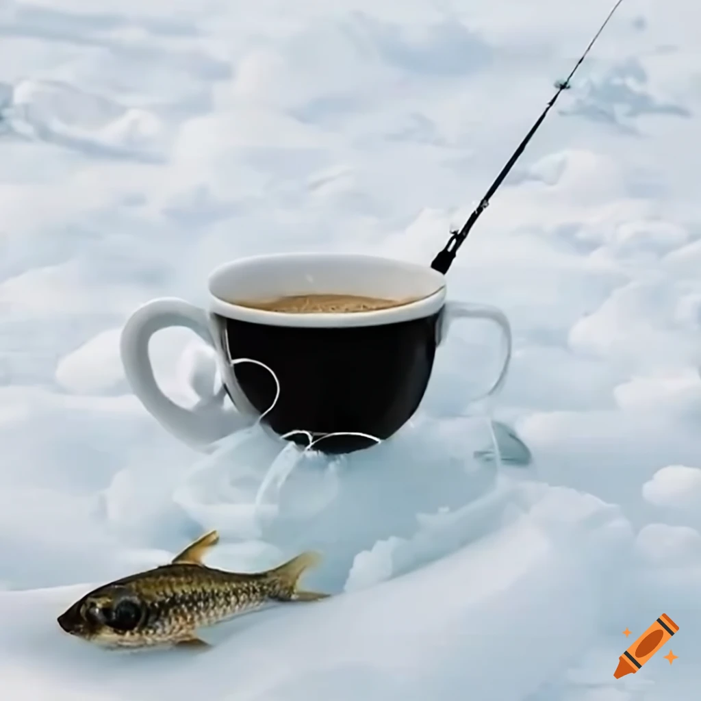 Coffee cup with fish and fishing rod on Craiyon