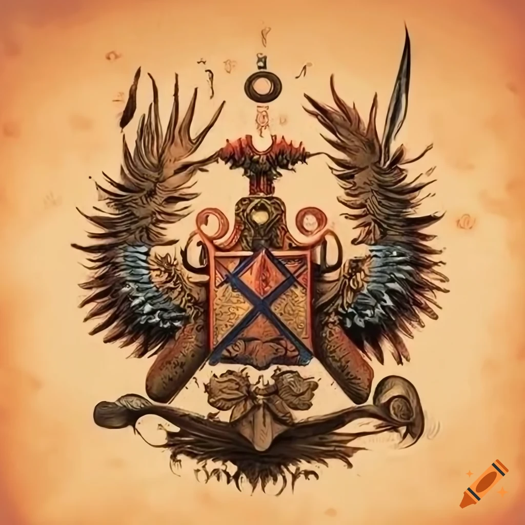Ancient coat of arms with writing feather and symbols on Craiyon
