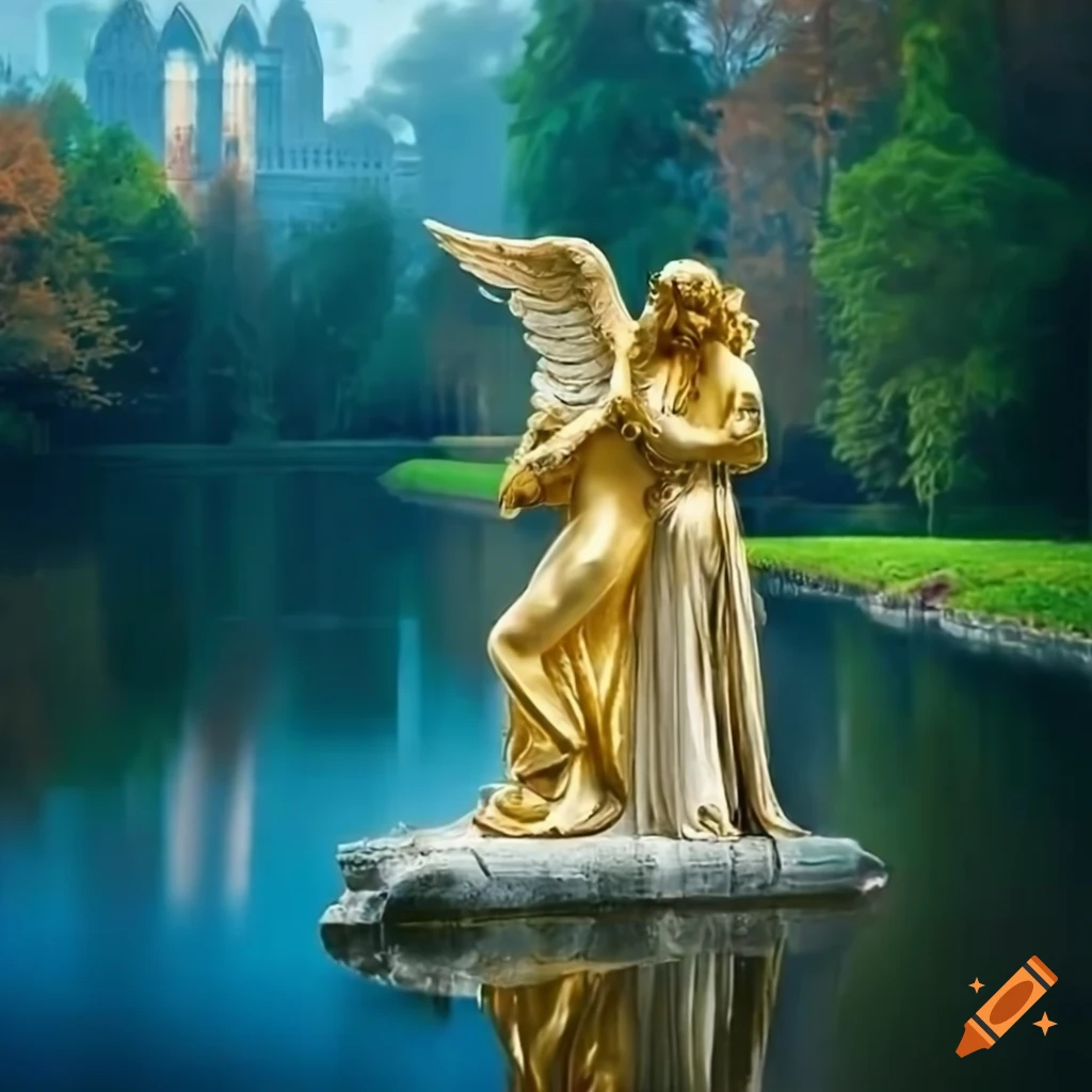 Gold angel statues in a garden with a pond and tall trees on Craiyon