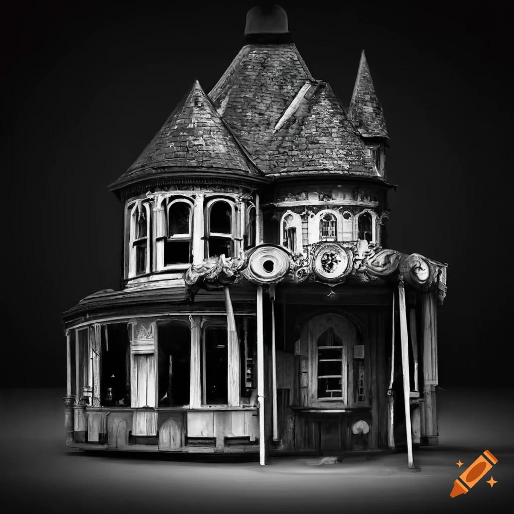 Black and white image of a victorian circus house with holes and dirt ...