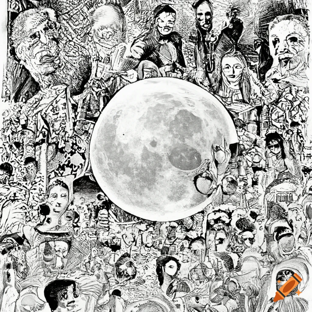 Black and white retro magazine cover with people looking at the moon on ...
