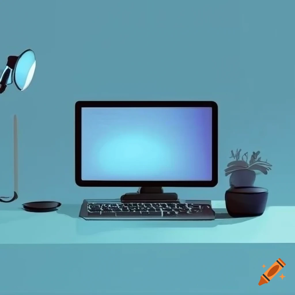 2d illustration of a blue-themed desk with computer and lamp on Craiyon