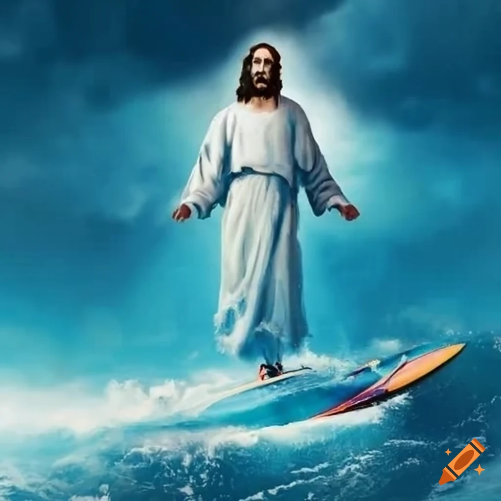 Image of jesus surfing on a cloud on Craiyon