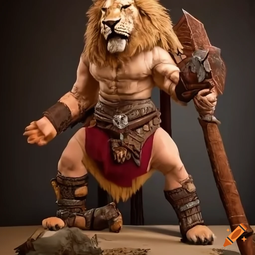 Illustration of a lion dnd bard-barbarian with a battleaxe on Craiyon