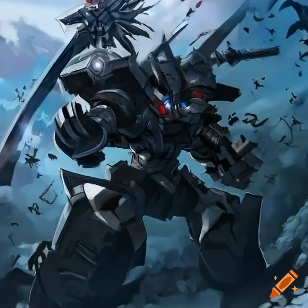 Fantasy anime art of a machine warrior with guns on Craiyon