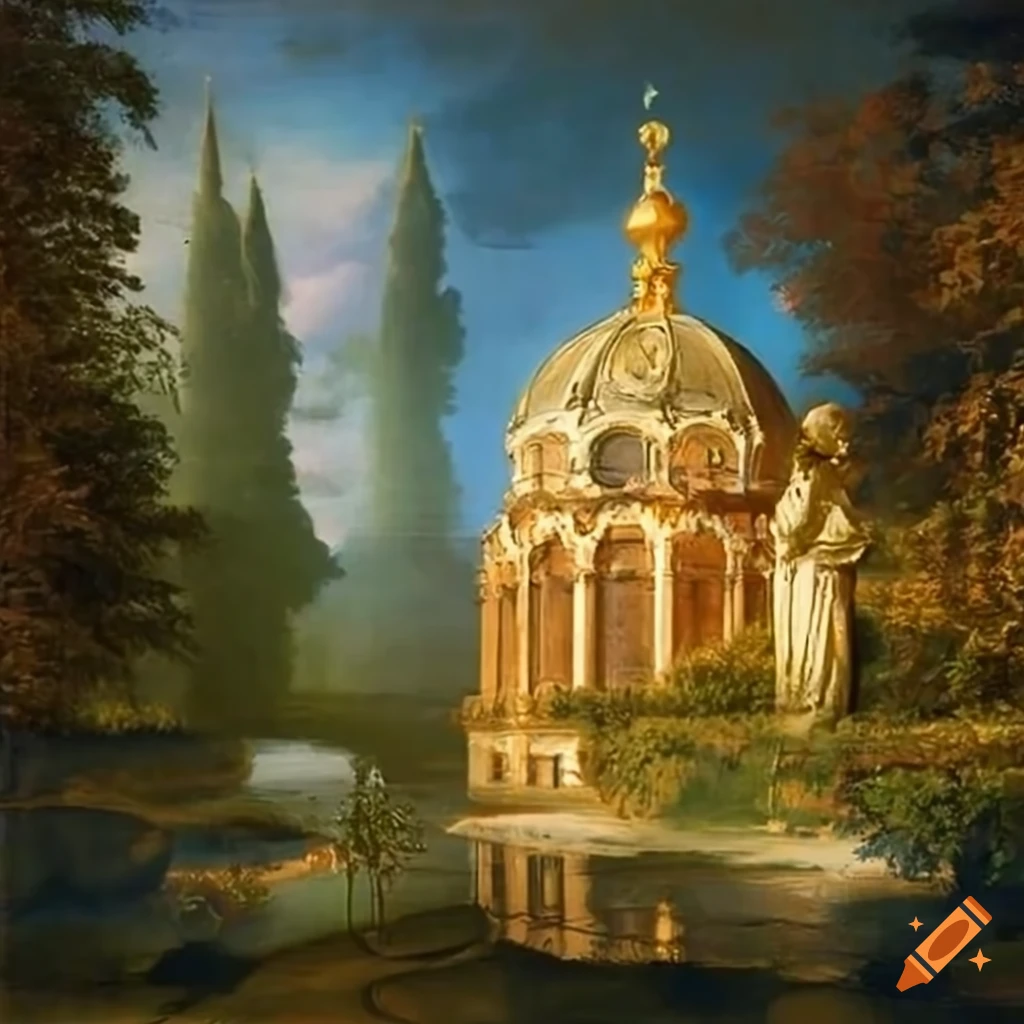 Neoclassical landscape painting with a fountain and dome building on ...