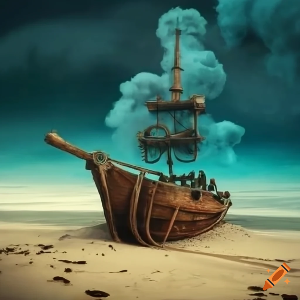 Surreal artwork of a steampunk boat and ghostly figures on a beach on ...