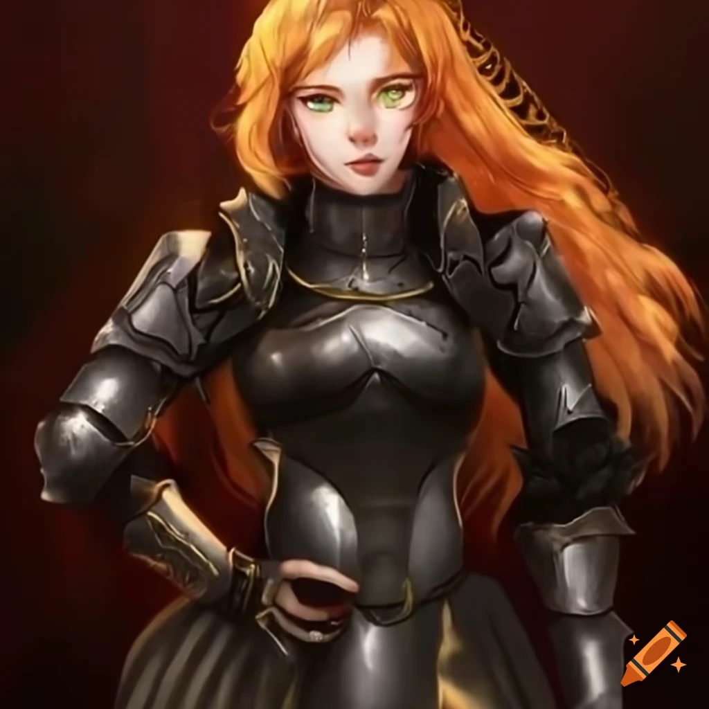 Portrait of a fierce warrior woman with ginger hair and green eyes on ...