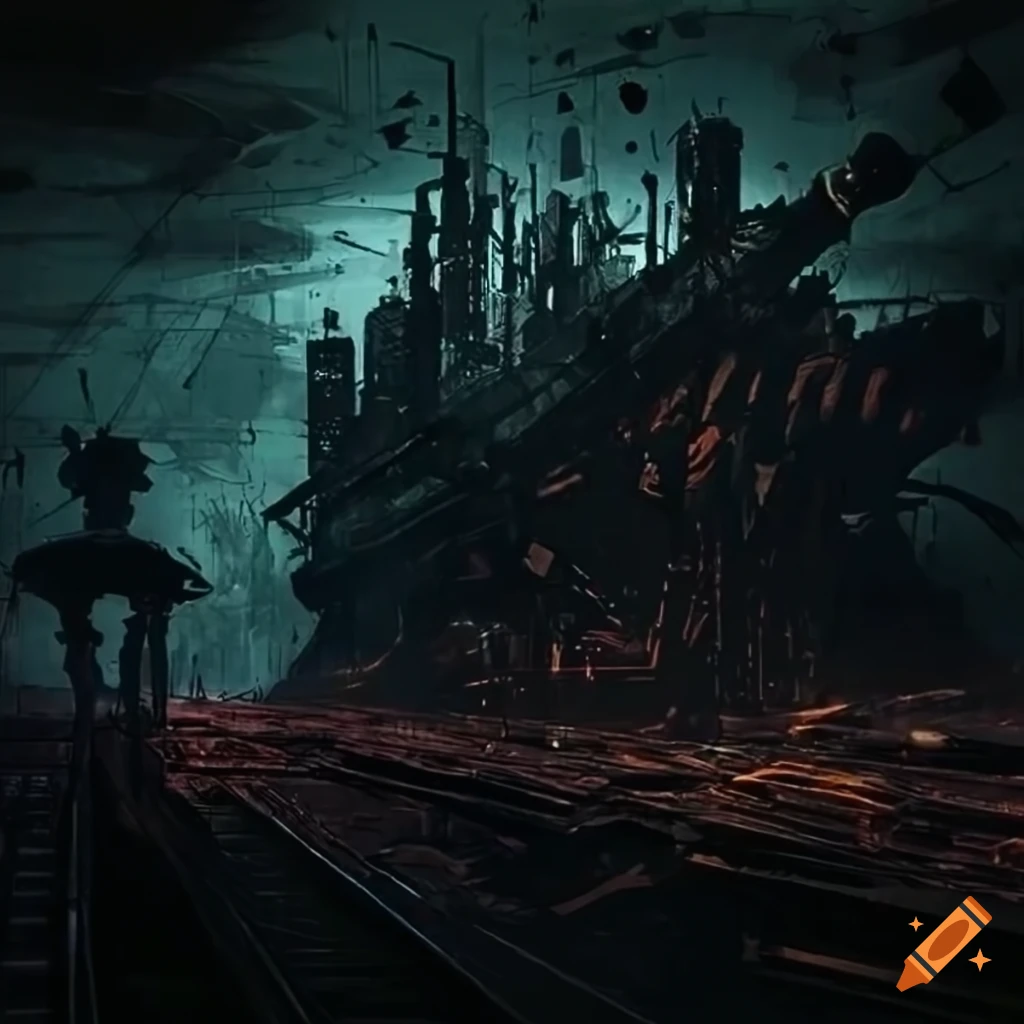 Monochrome artwork of a futuristic city with armored trains on Craiyon