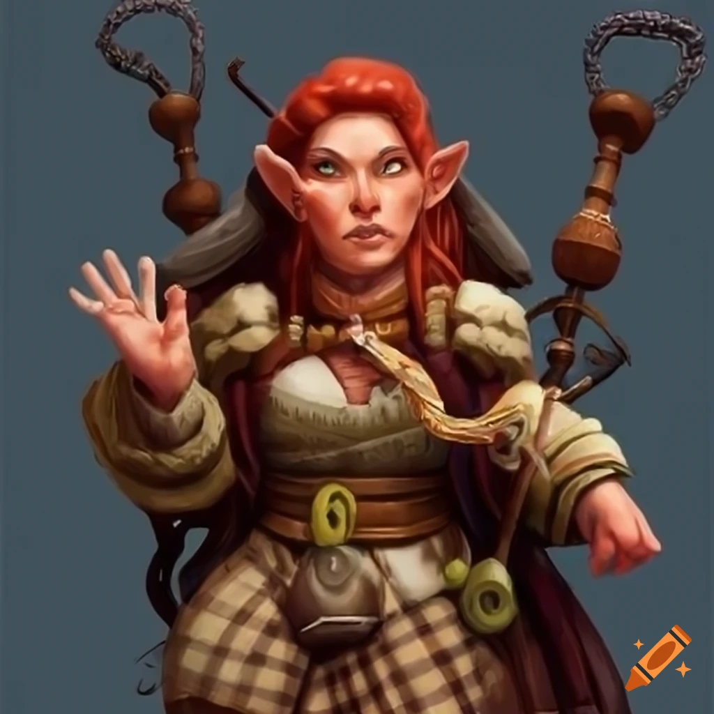 Illustration of a female dwarf playing bagpipes on Craiyon