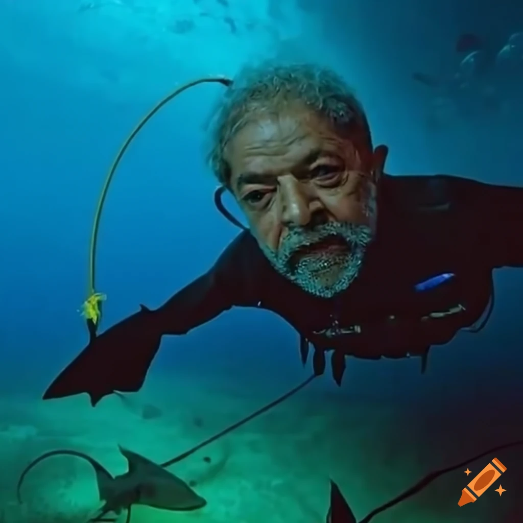 Funny political satire image of president lula diving with a shark