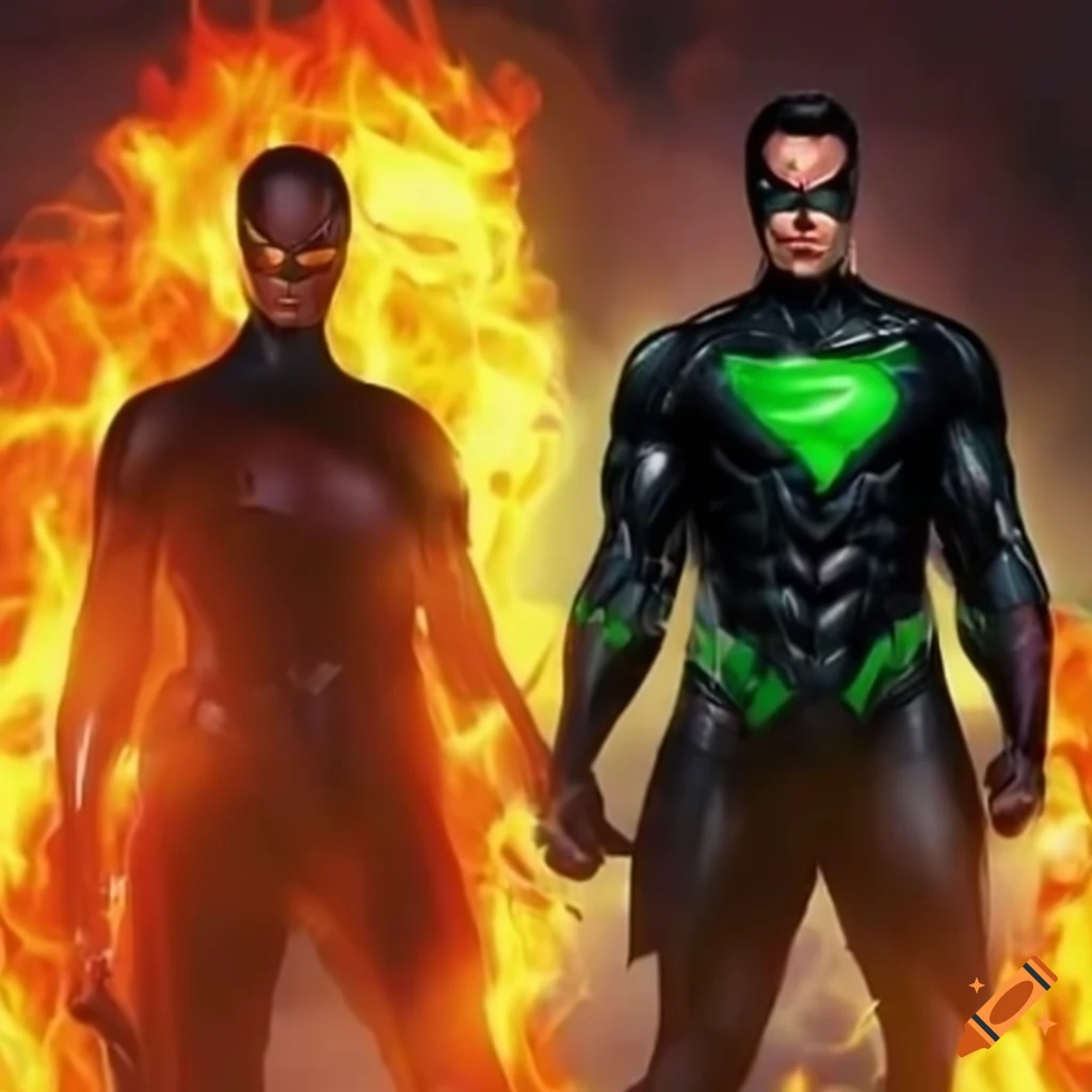 Artwork of a superhero controlling green fire
