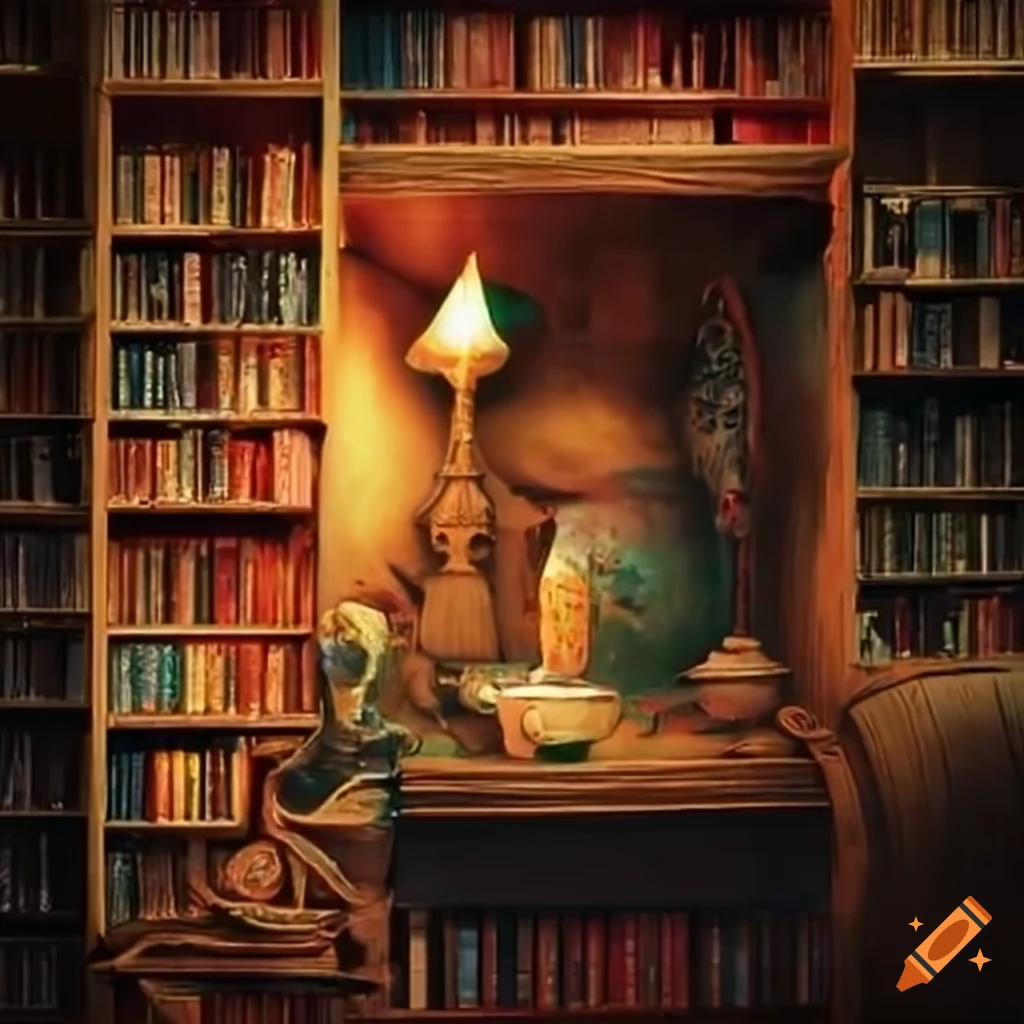 Painted shelf with fantasy and adventure books on Craiyon