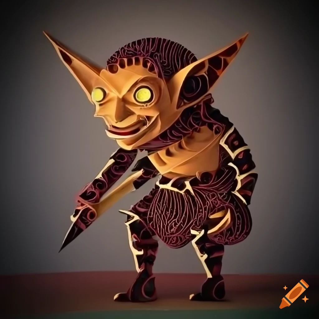Quilling paper art of a cave goblin with a weapon on Craiyon