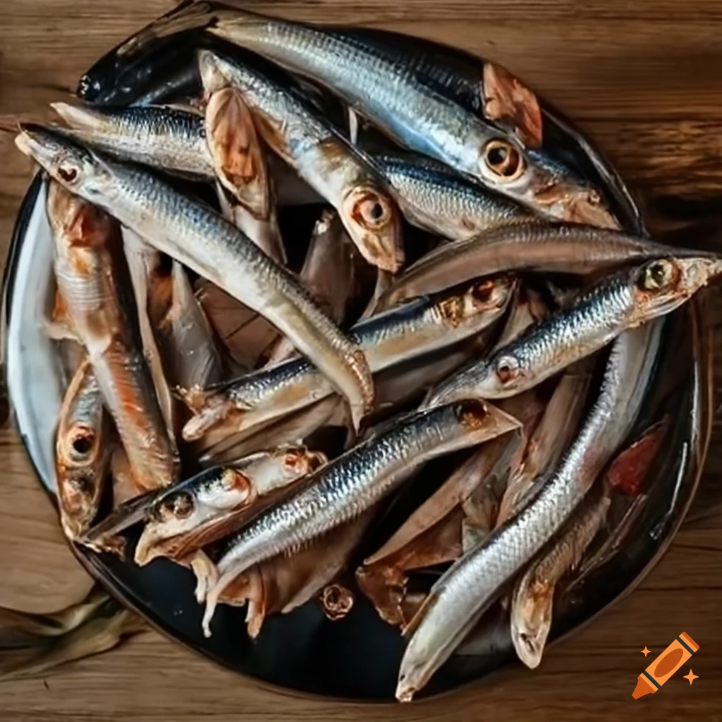 Single sardine fish with glistening scales on a plate on Craiyon