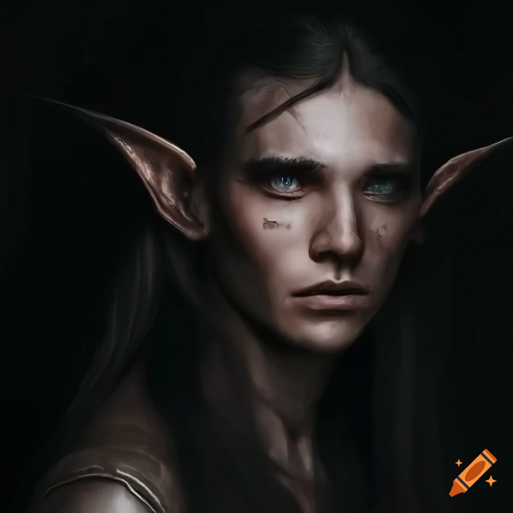Illustration of a male elf with black hair and grey eyes