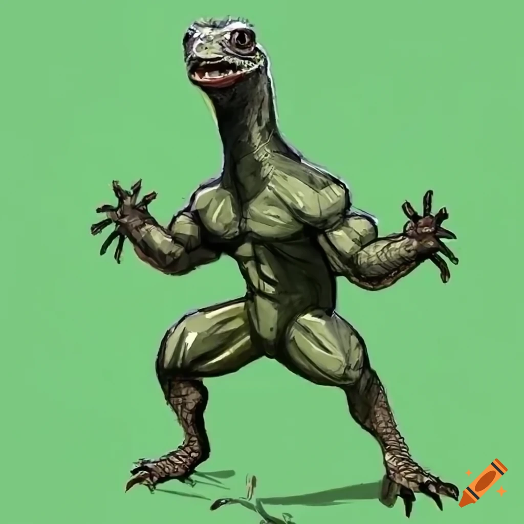 Sci-fi sketch of a muscular black lizard on green screen on Craiyon