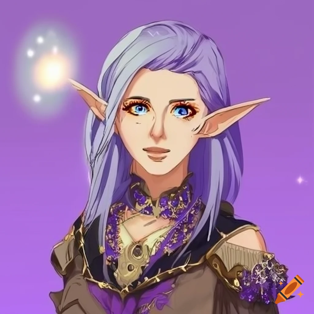 Anime illustration of a cute sorcerer with lavender hair and golden ...