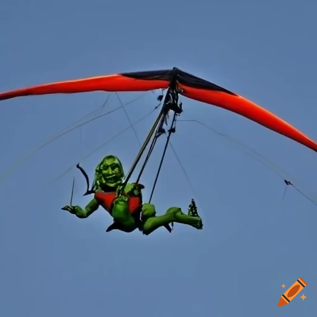 Illustration of a goblin riding a black hang glider