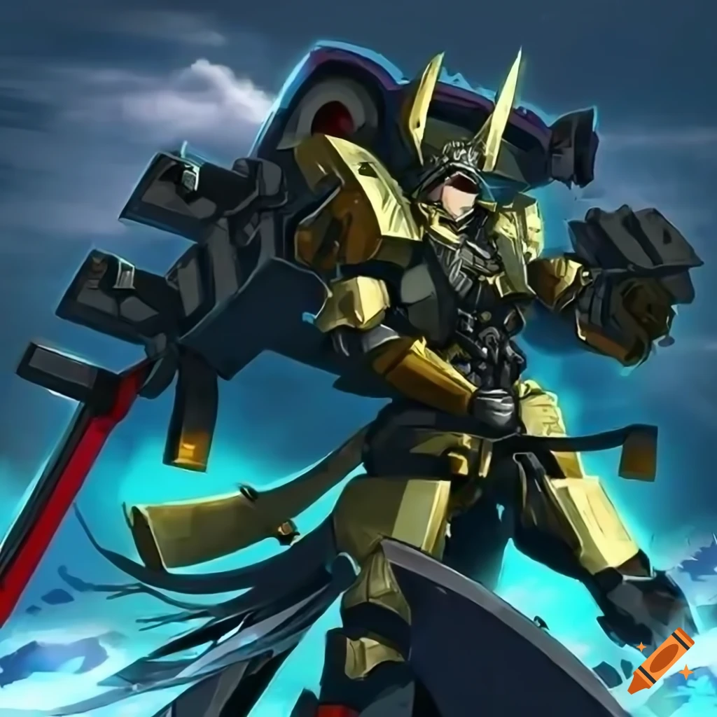 Anime artwork of a machine warrior with guns on Craiyon