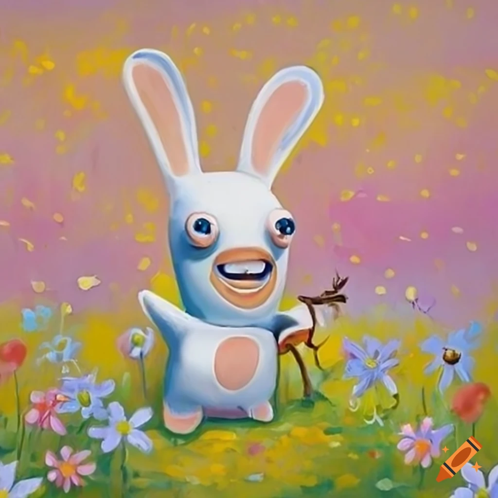 Oil painting of rabbids in a flower field on Craiyon