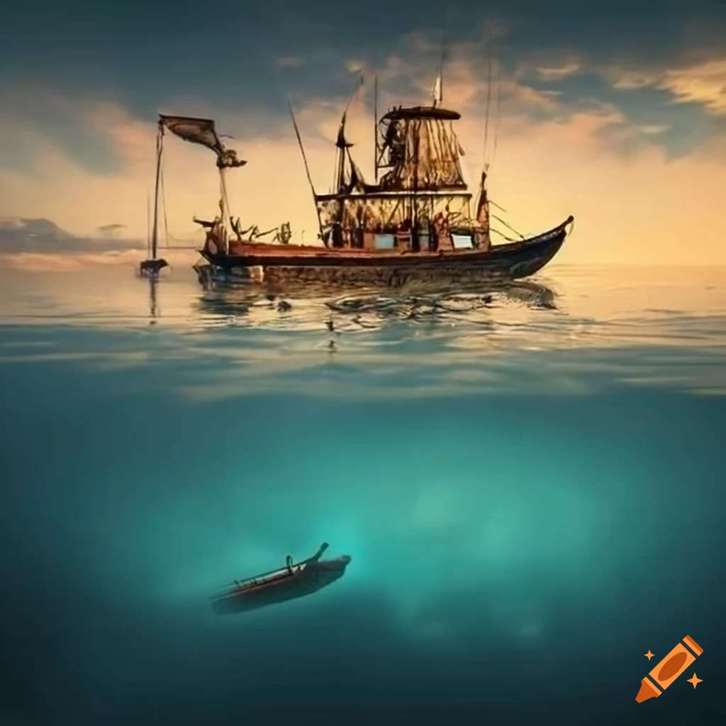 Surreal steampunk boat sailing near a ghostly island