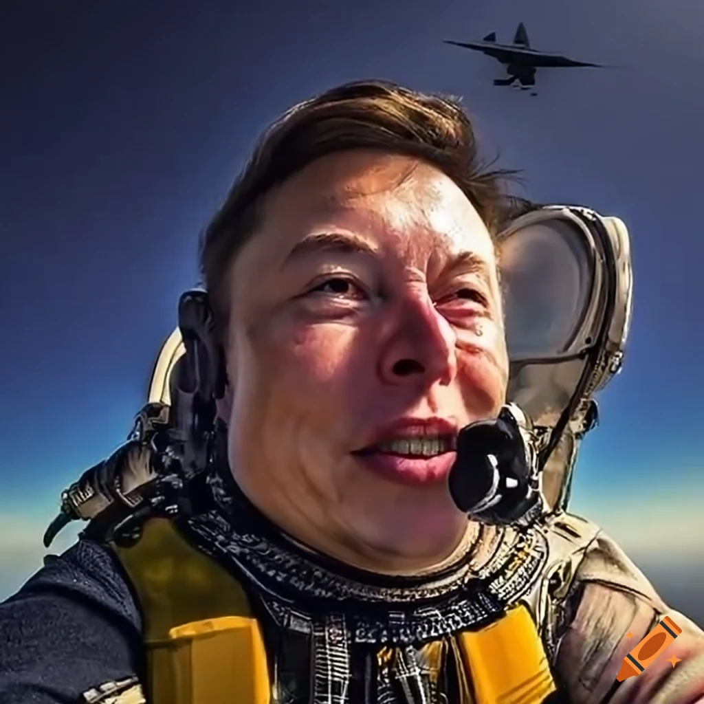 Elon Musk ejecting from a fighter jet with a 'MAVERICK' helmet on Craiyon