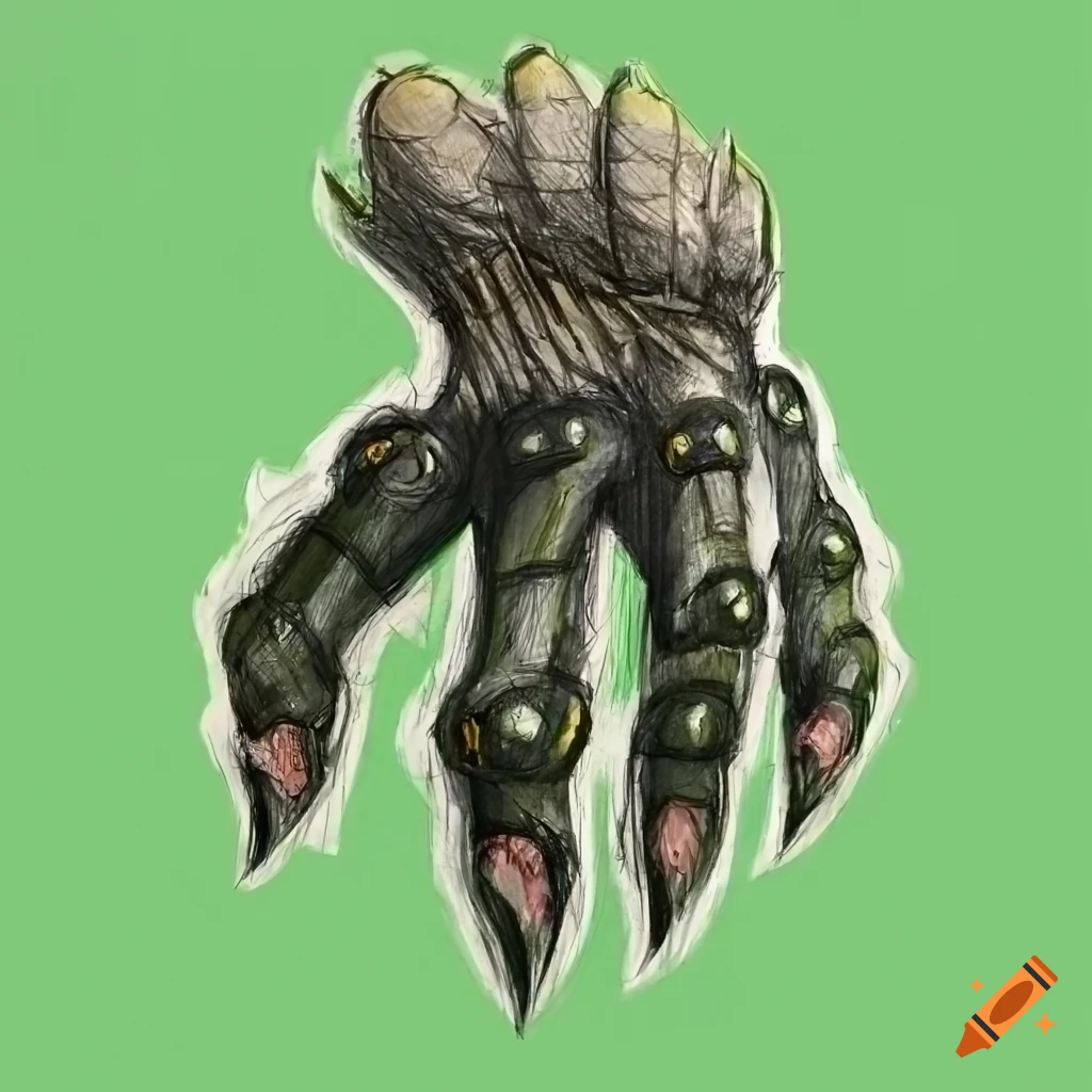 Sci-fi sketch of a black lizard claw on green screen background on Craiyon