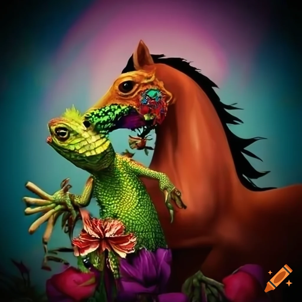 Illustration of a lizard and horse with flowers on Craiyon
