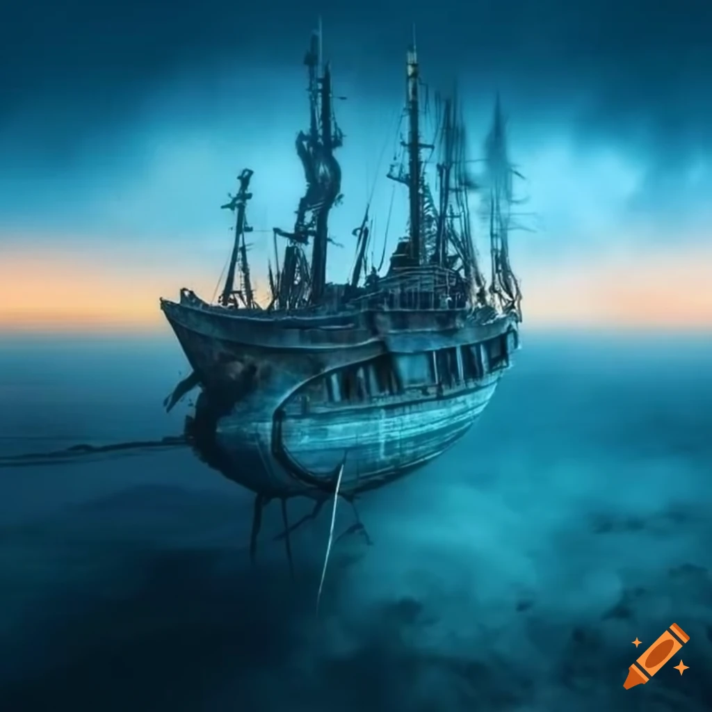 Surreal steampunk artwork of a boat on a beach on Craiyon