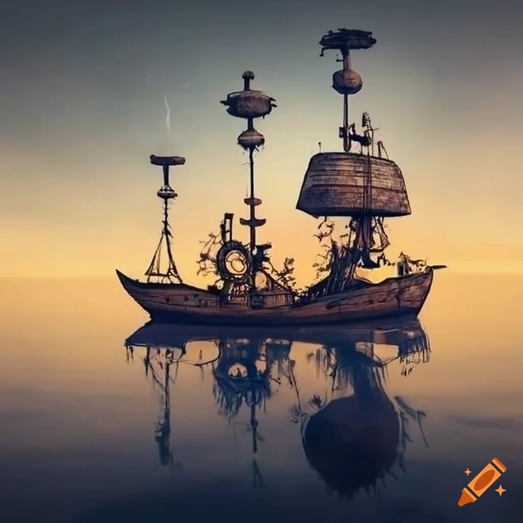 Surreal steampunk artwork with strange machines and a boat on a surreal ...