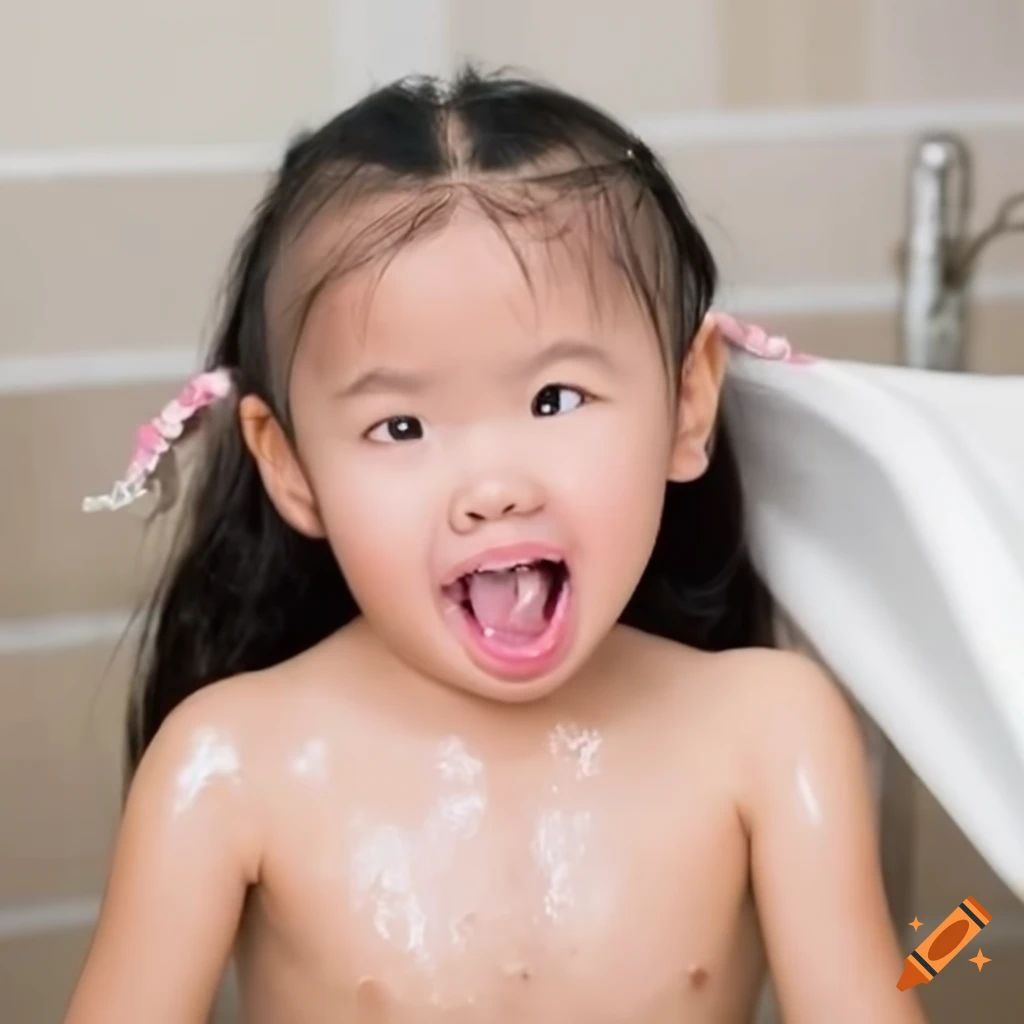 Cute asian toddler girl enjoying bath time on Craiyon