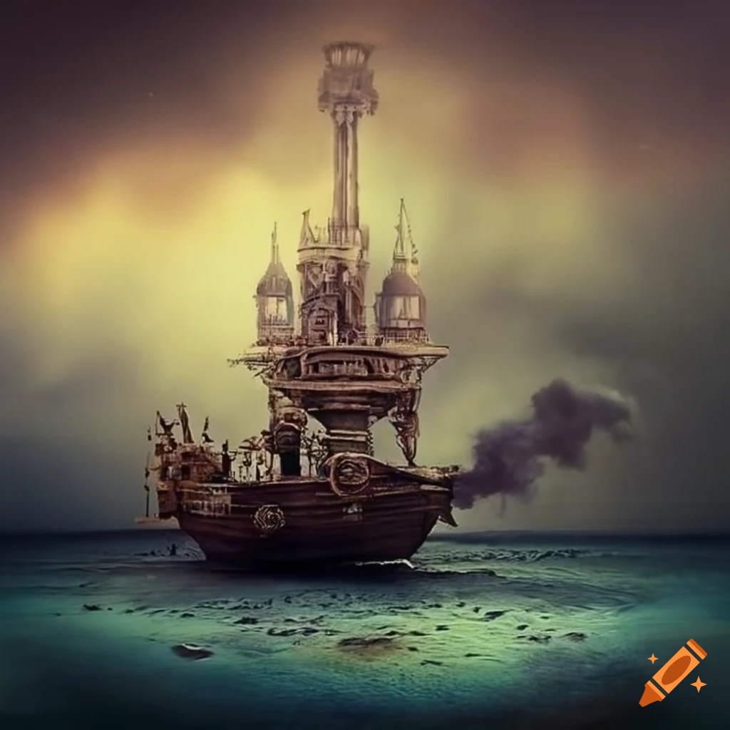 Surreal steampunk artwork with machines and ghosts on Craiyon
