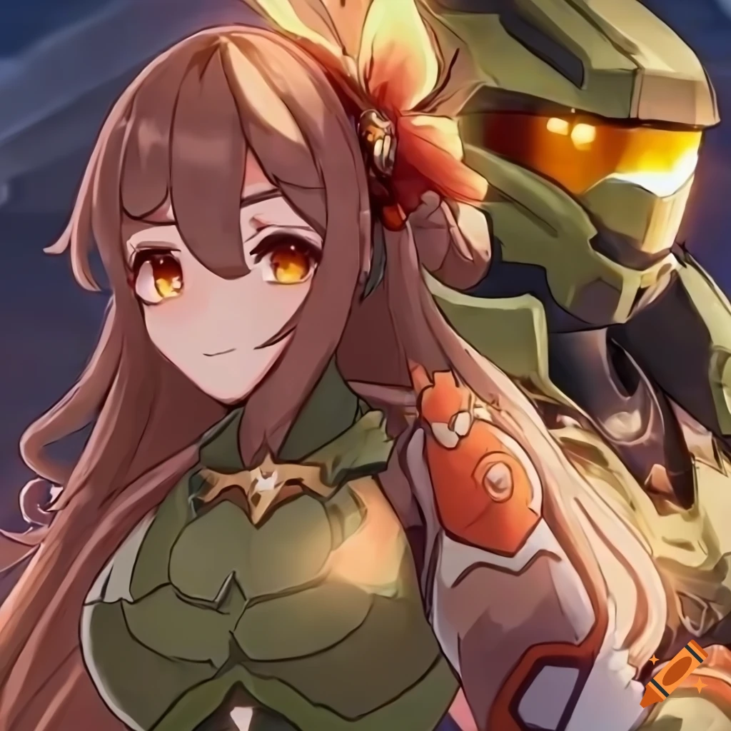 Fan art of Master Chief and Amber having breakfast on Craiyon