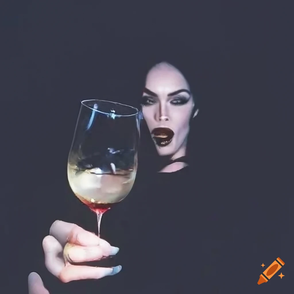Polaroid of megan fox as a vampire with a wine glass