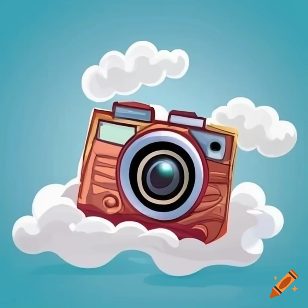 Laughing cartoon camera in the clouds on Craiyon