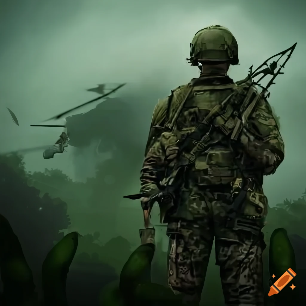 Macvsog operator in tigerstripe camo standing in rainforest on Craiyon