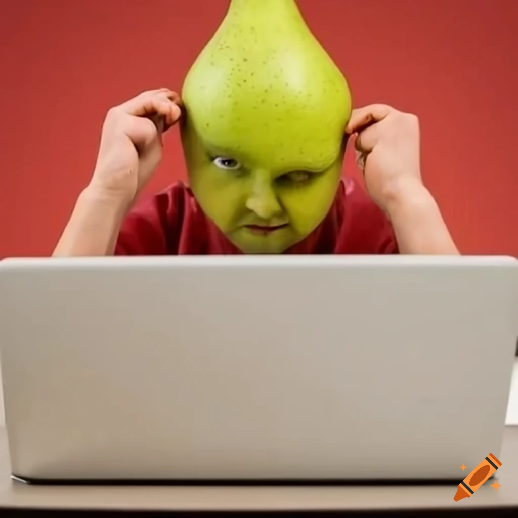 Creative digital art of a man with a pear head using a computer on Craiyon