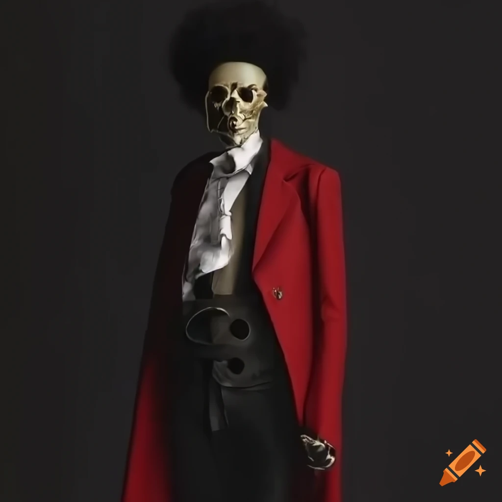 Realistic skeleton in elegant black suit drinking tea on Craiyon