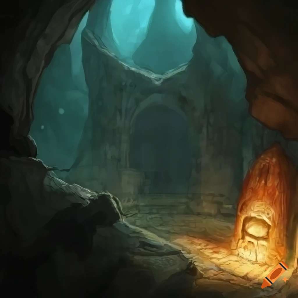 Fantasy art of an underground crypt with beam of light on Craiyon