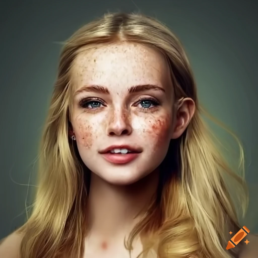 Portrait Of A Beautiful Young Woman With Freckles And Blonde Hair On