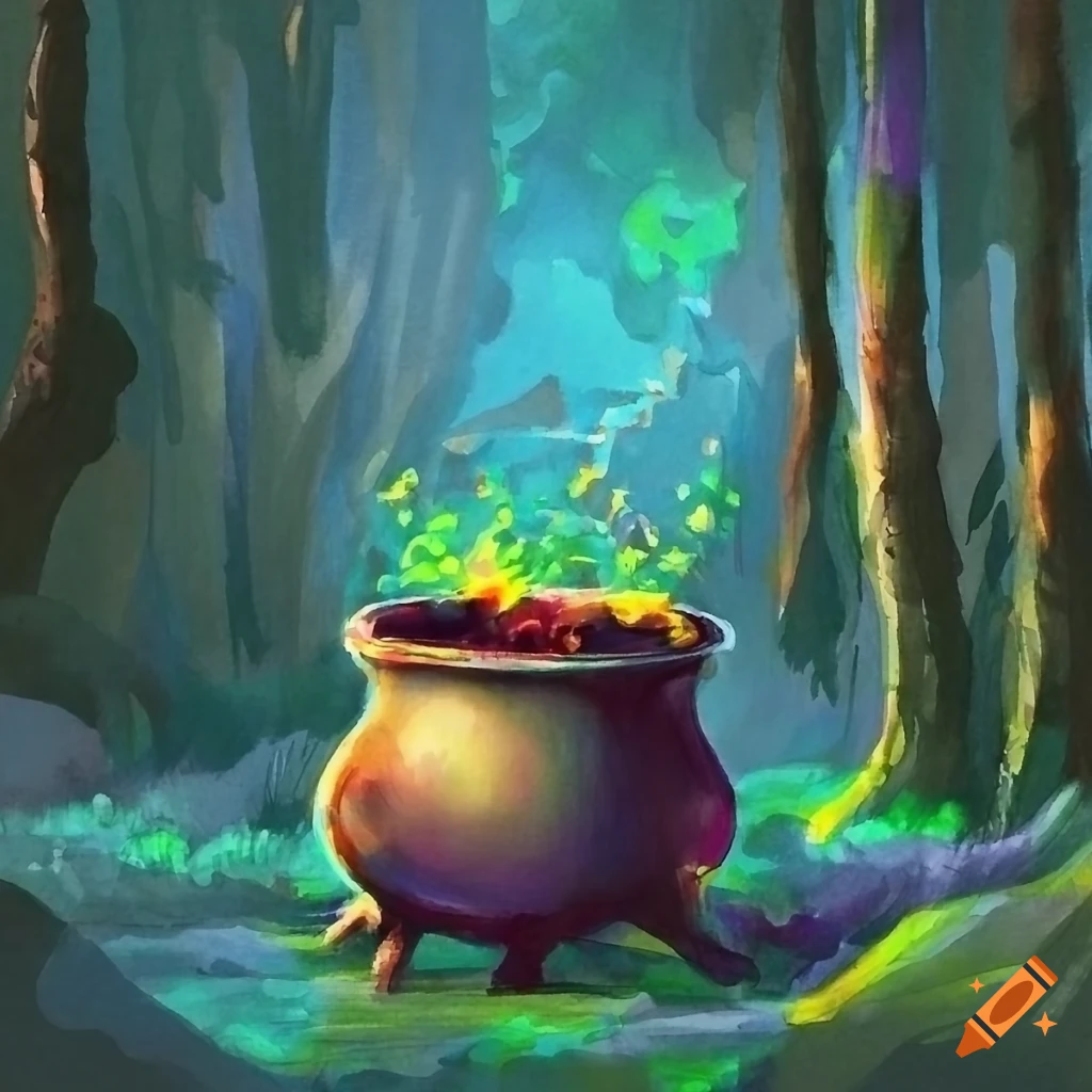 Detailed color pencil sketch of a cauldron in the forest