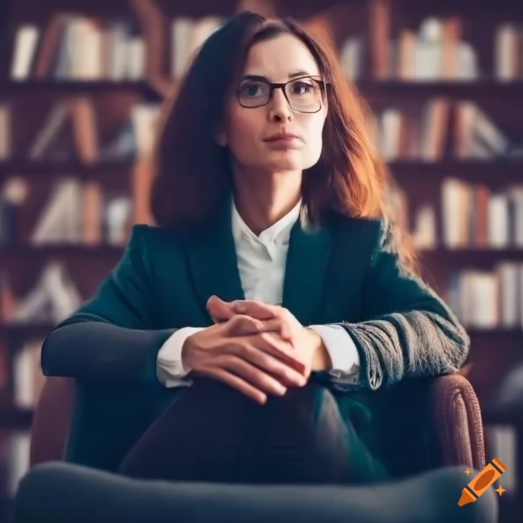 Therapist woman sitting in armchair with bookshelves behind
