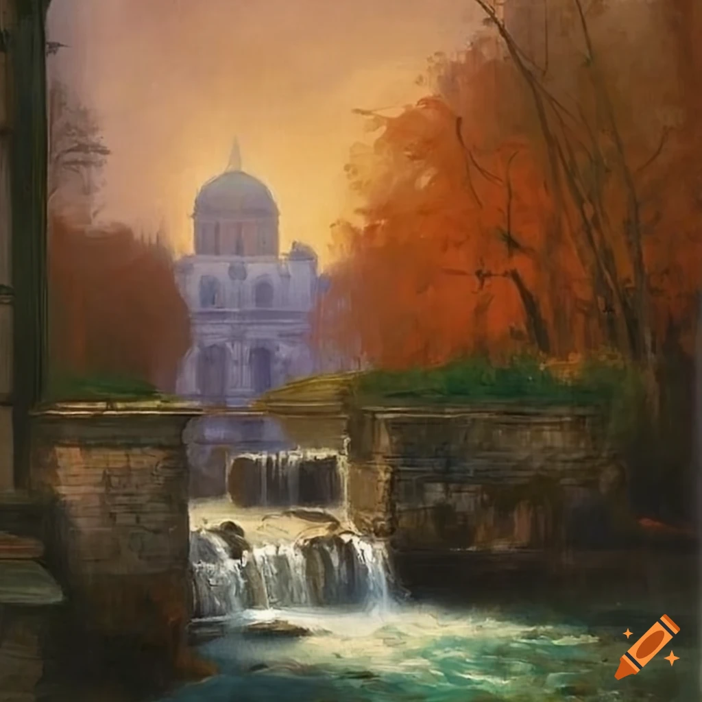 Neoclassical landscape painting with a house and fountain on Craiyon