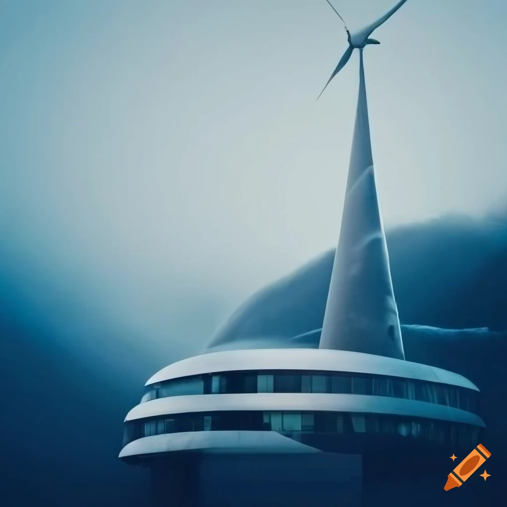 Futuristic building and wind turbine on snowy mountain top on Craiyon