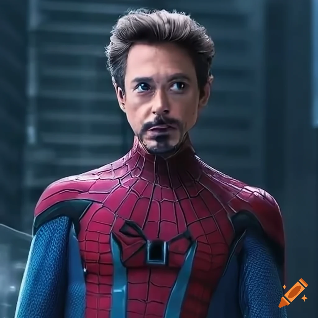 Tony Stark in Spider-Man suit shooting webs on Craiyon